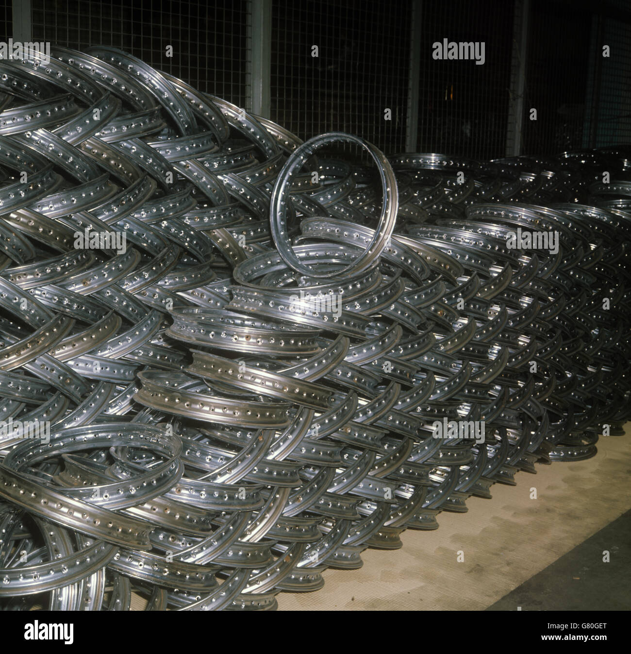 Thousands of wheel rims for the 750cc Bonneville model stacked at the ...
