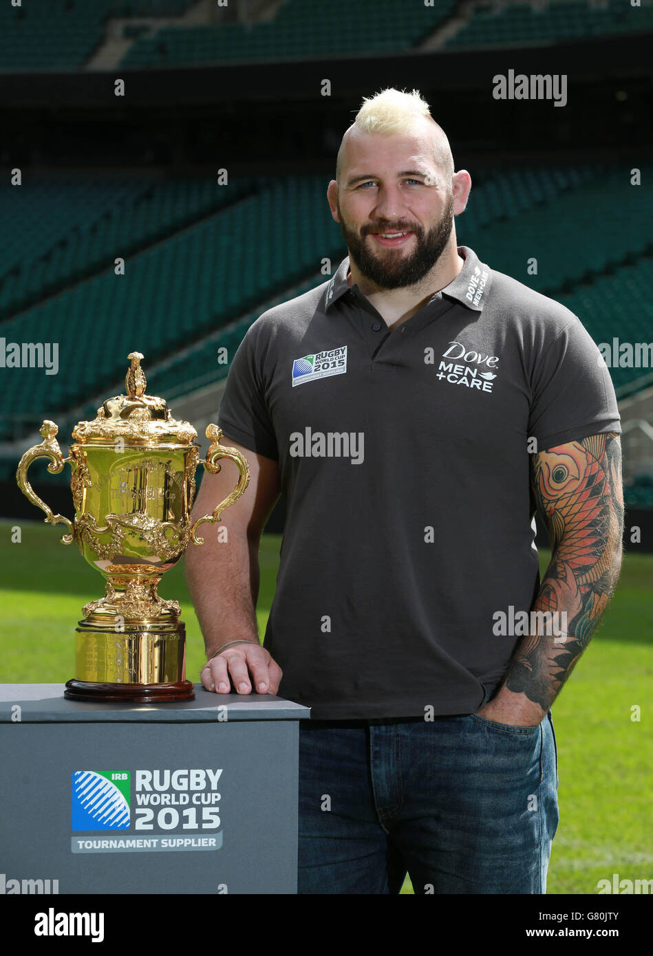 EDITORIAL USE ONLY England rugby player Joe Marler with the Web Ellis ...
