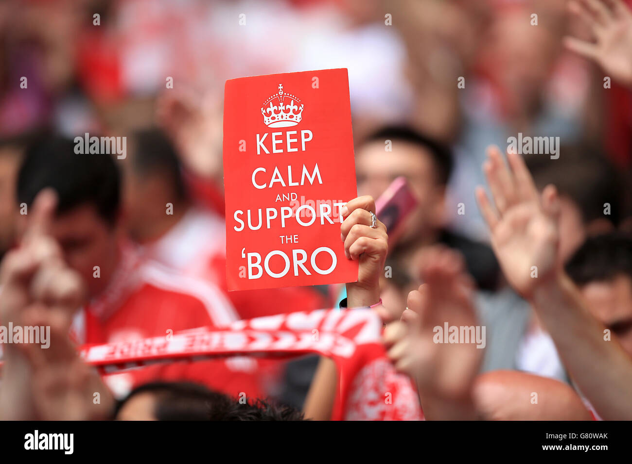 A Middlesbrough supporter holds up a banner in the crowd before the ...