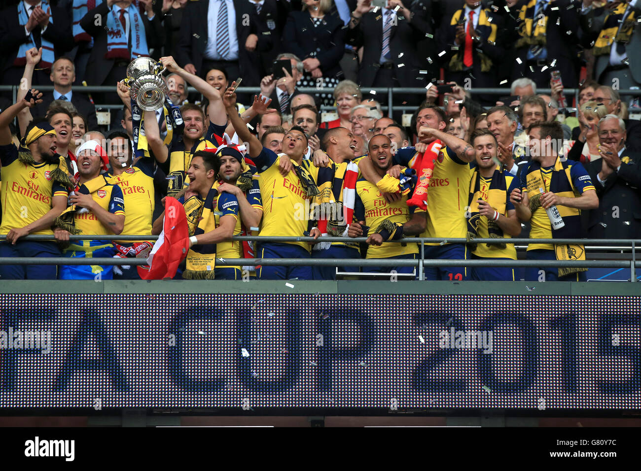 Arsenal players celebrate on the Wembley balcony following their ...