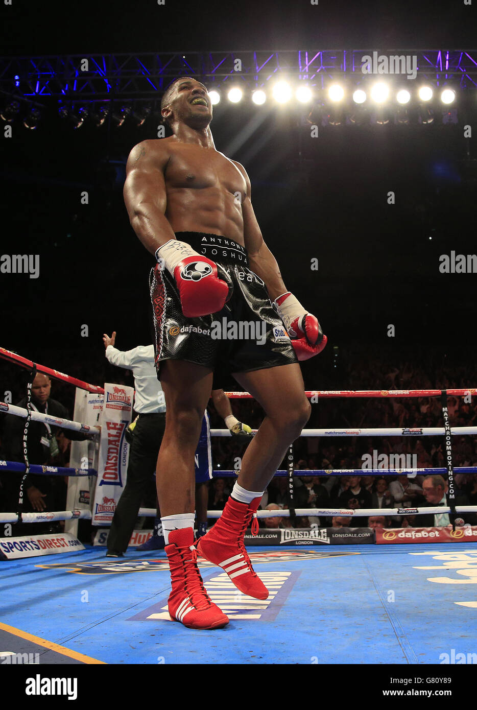 Anthony Joshua celebrates defeating Kevin Johnson in their WBC ...