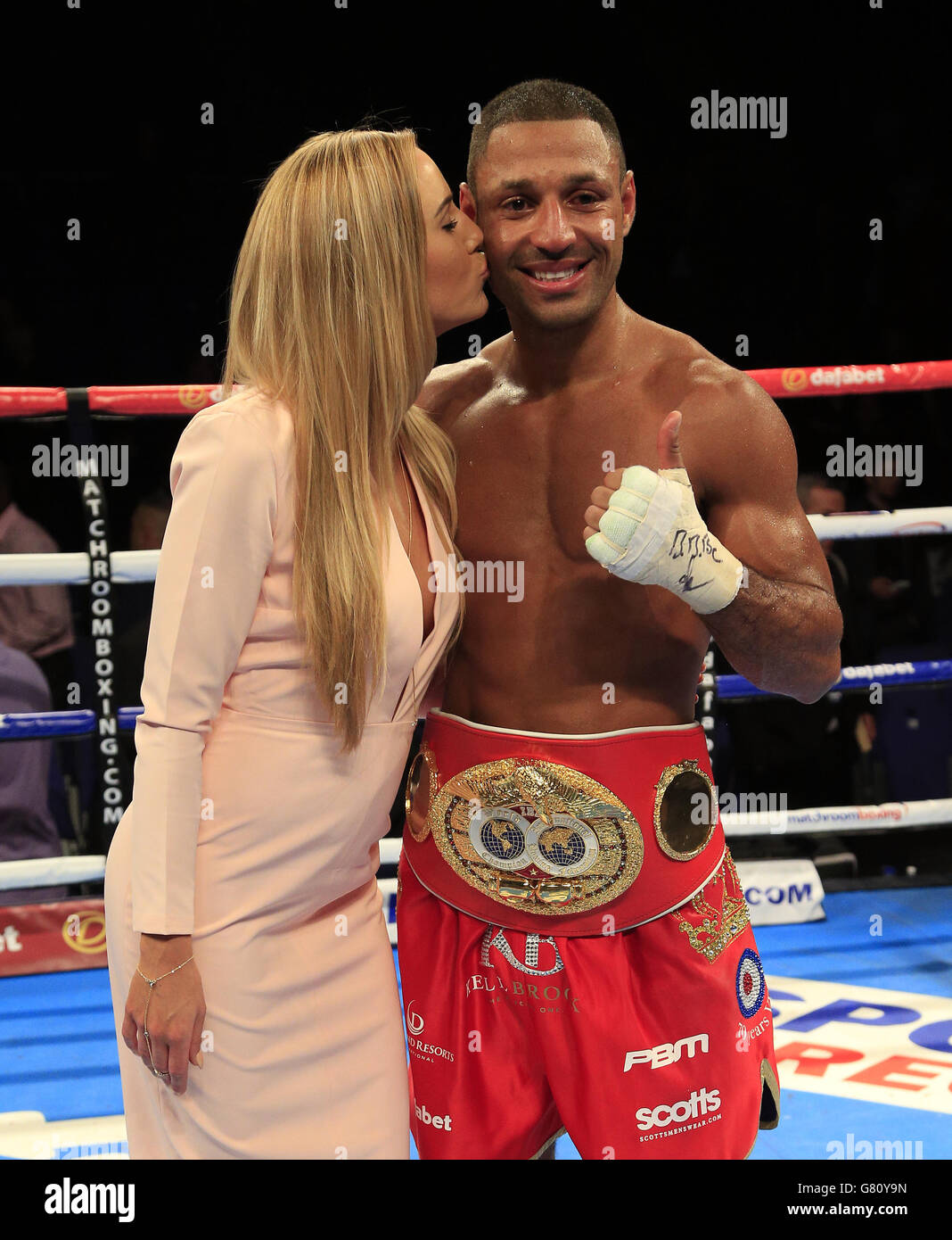 Kell Brook celebrates with his partner Lindsey Myers after defeating ...