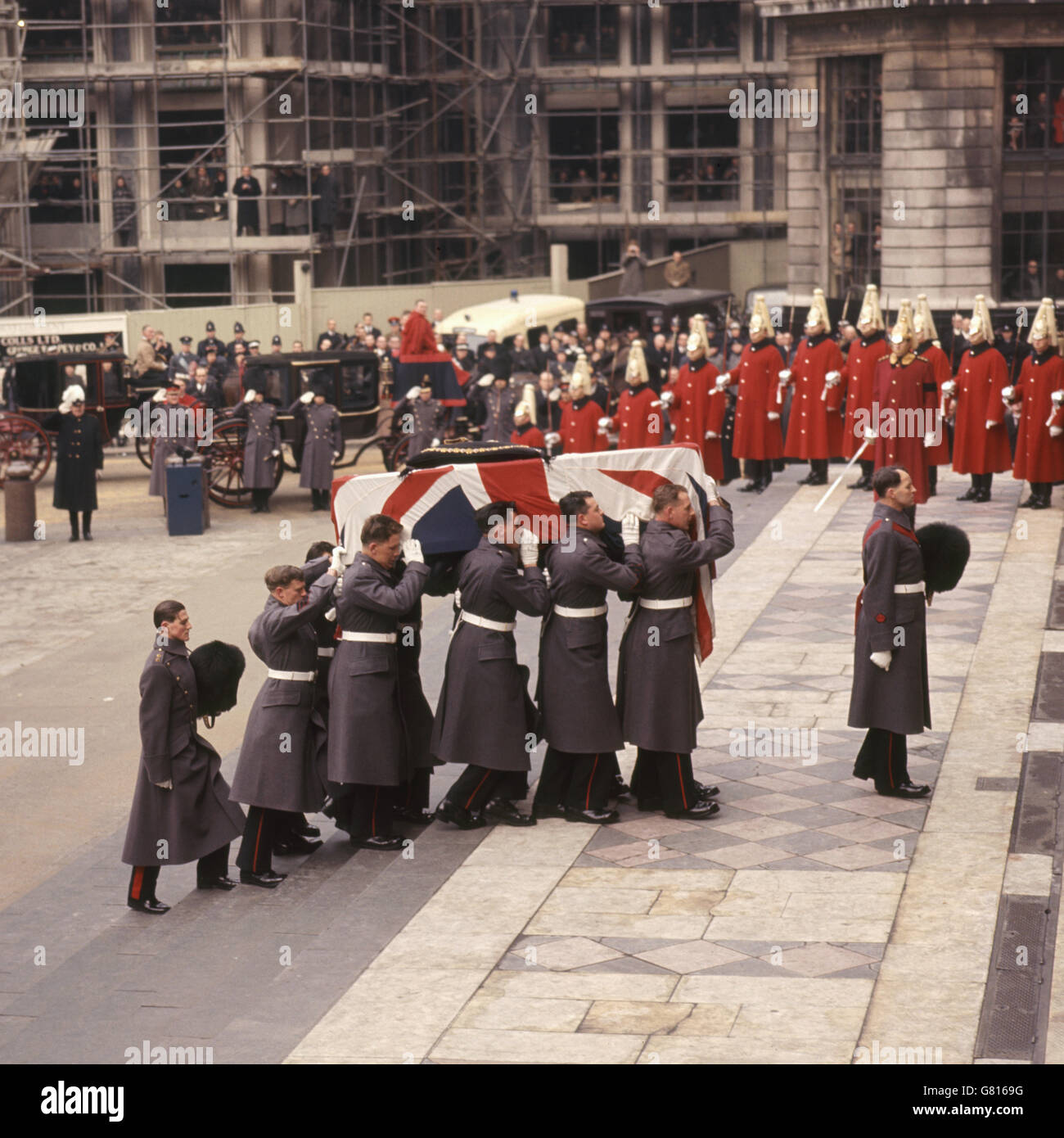 Sir Winston Churchill's flag-draped coffin is carried by Grenadier ...