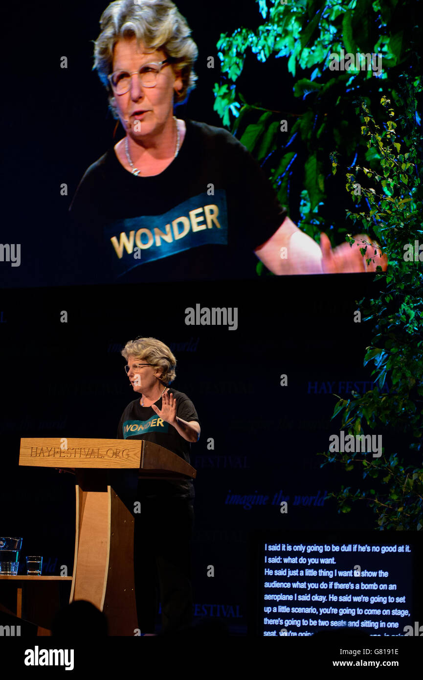 Sandi Toksvig talks about The Hay Library on a customised lectern made ...