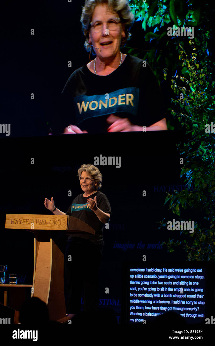 Sandi Toksvig talks about The Hay Library on a customised lectern made ...