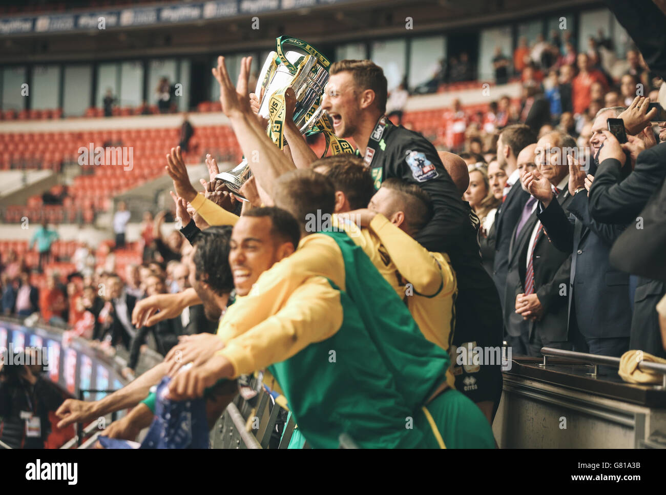 The Norwich team celebrate getting promoted to the Premier League Stock ...
