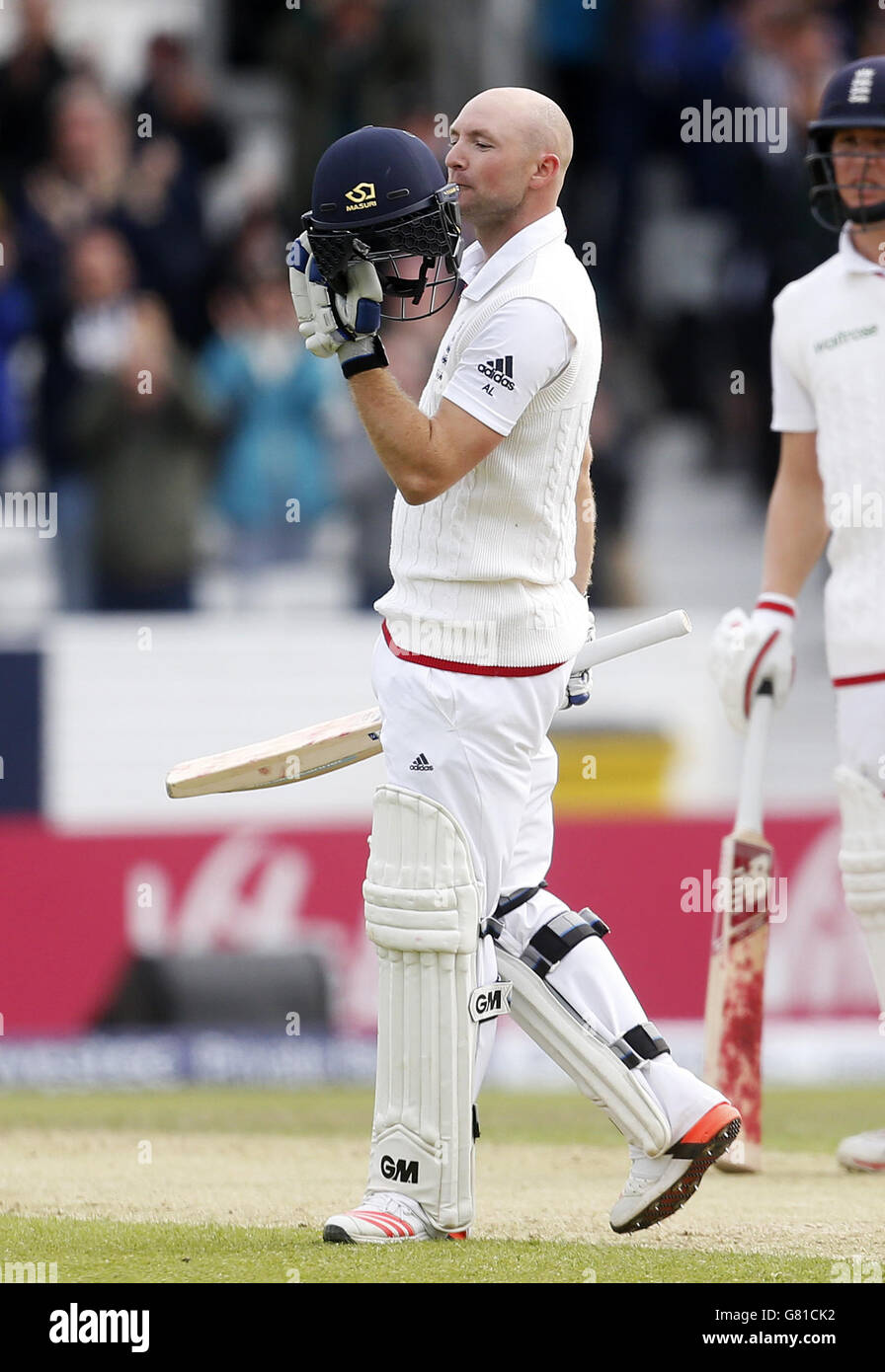 England's Adam Lyth celebrates his maiden century during day two of the ...