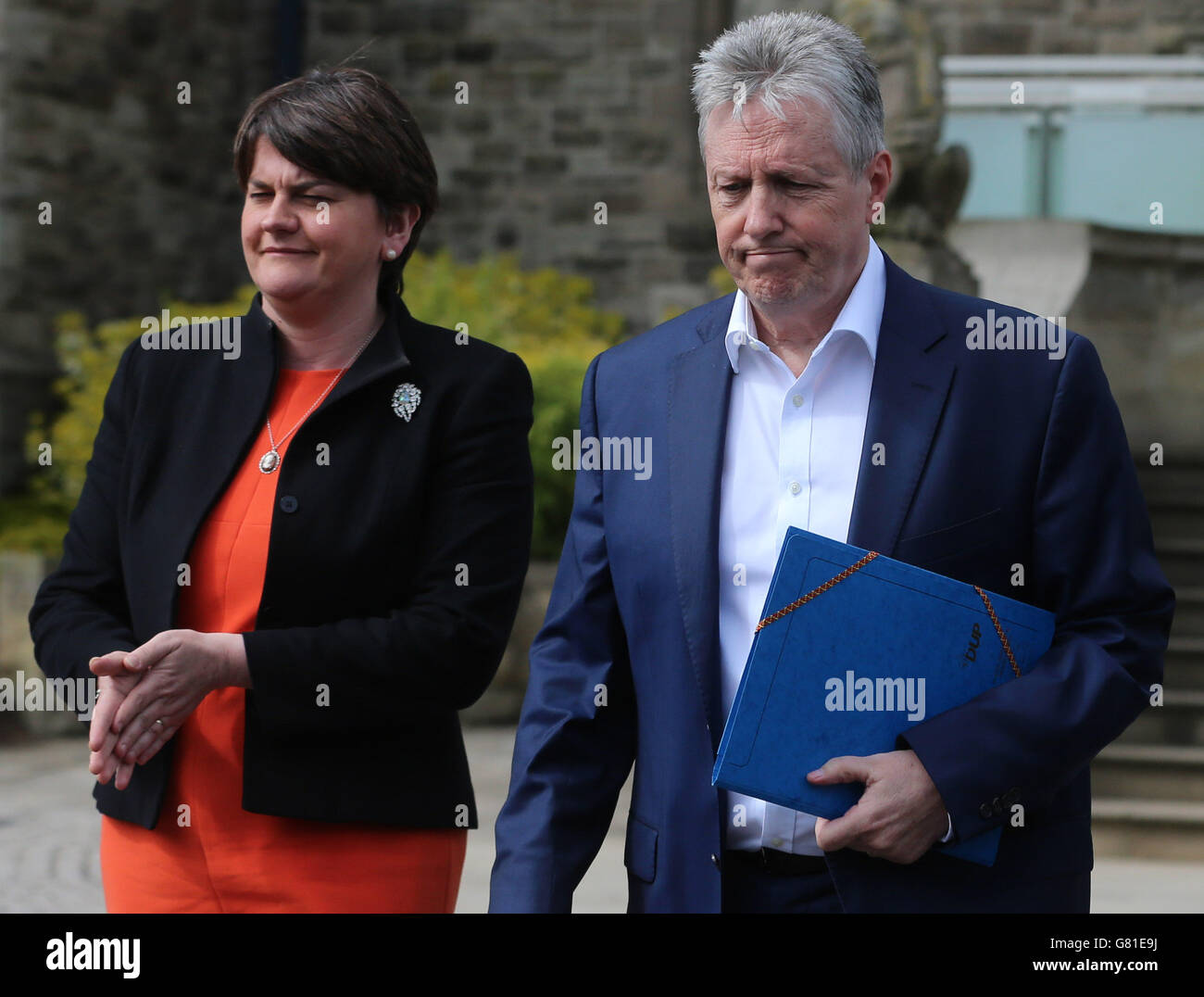 The DUP's Arlene Foster and DUP leader Peter Robinson, during a press conference outside ...
