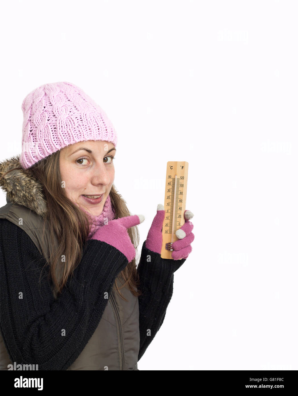 Young women dressed up in winter clothes with funny look and an air ...