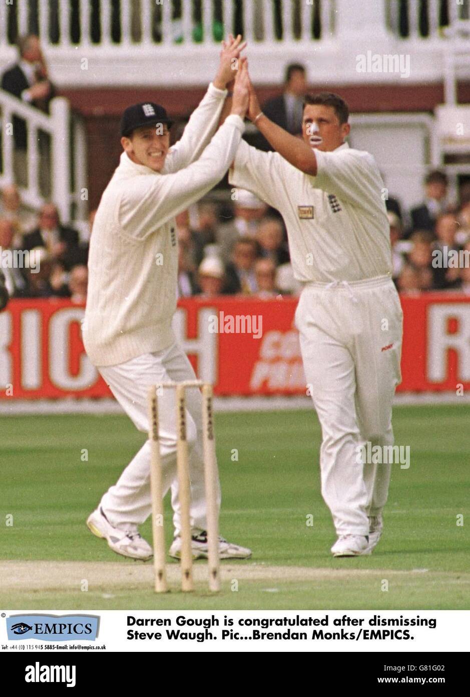 Darren Gough is congratulated after dismissing Steve Waugh Stock Photo ...