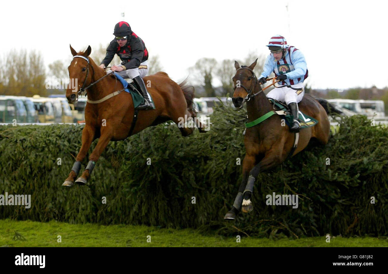 Cregg House ridden by Davy Russell (L) jumps the last fence ahead of ...