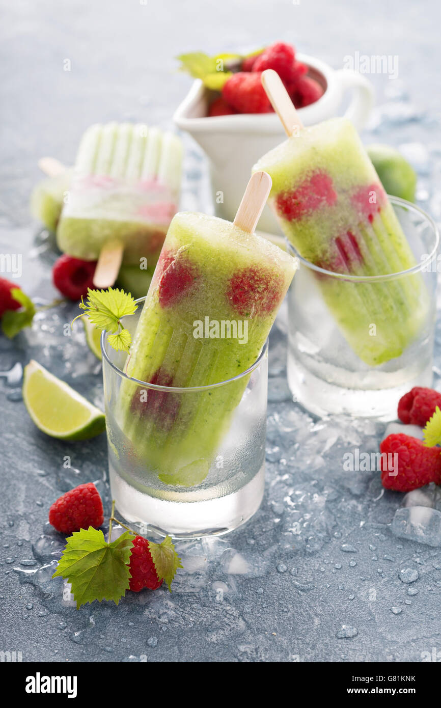 Cucumber lime raspberry spa popsicles Stock Photo - Alamy
