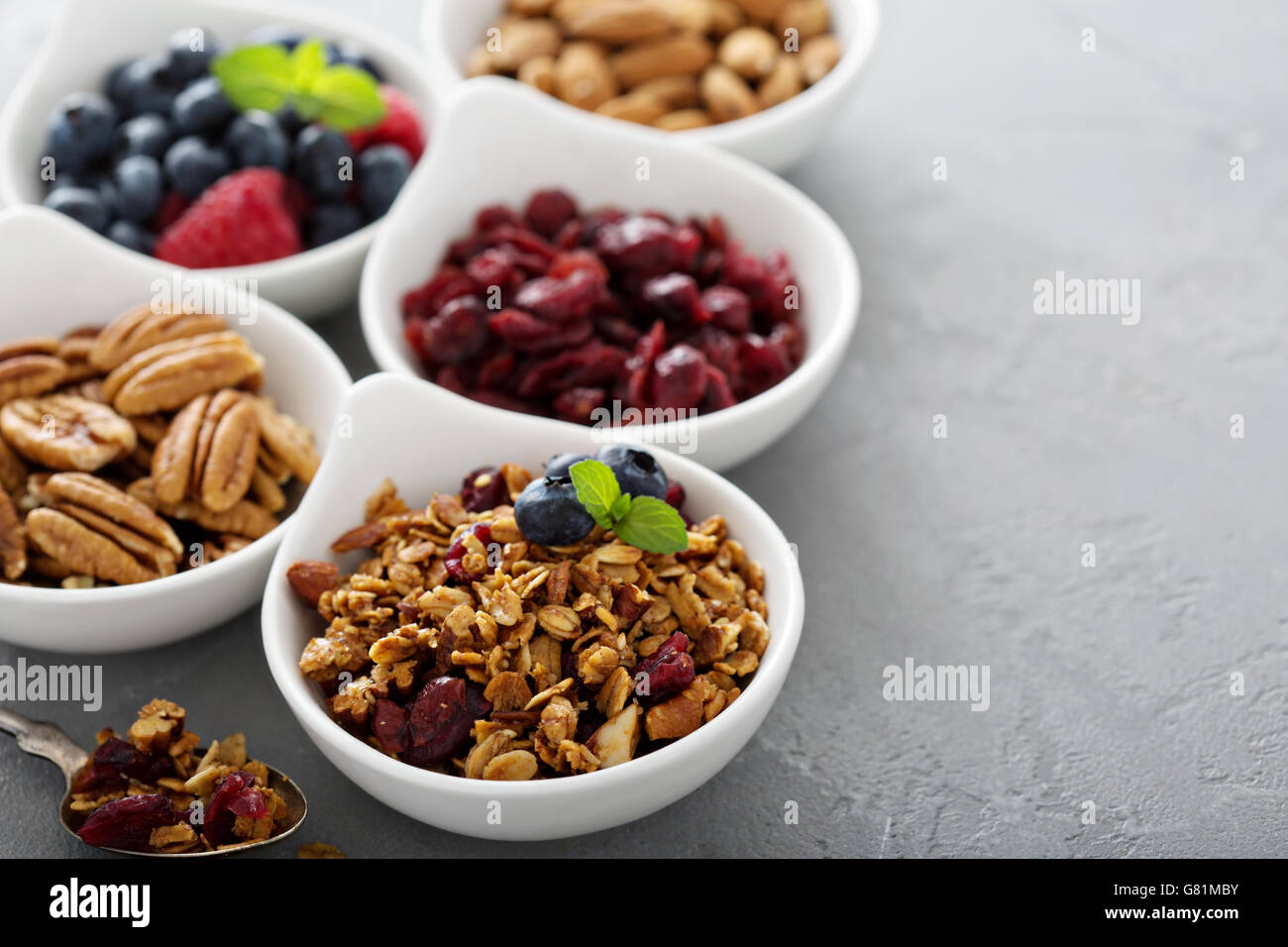 Variety of breakfast food in small bowls Stock Photo - Alamy