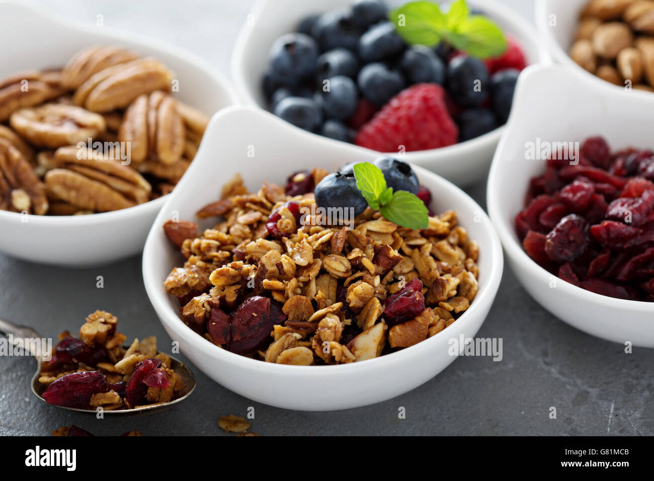 Variety of breakfast food in small bowls Stock Photo - Alamy