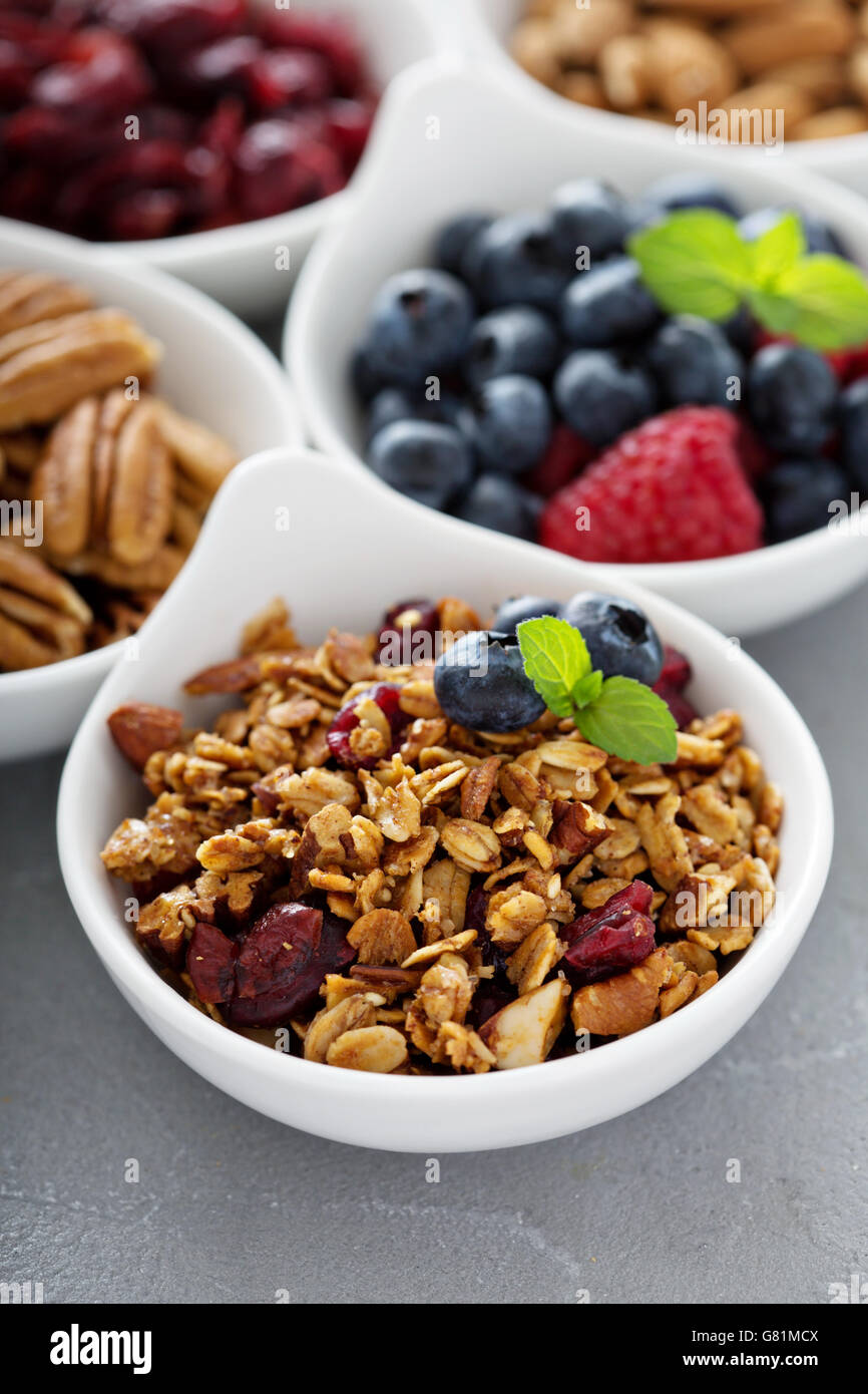 Variety of breakfast food in small bowls Stock Photo - Alamy