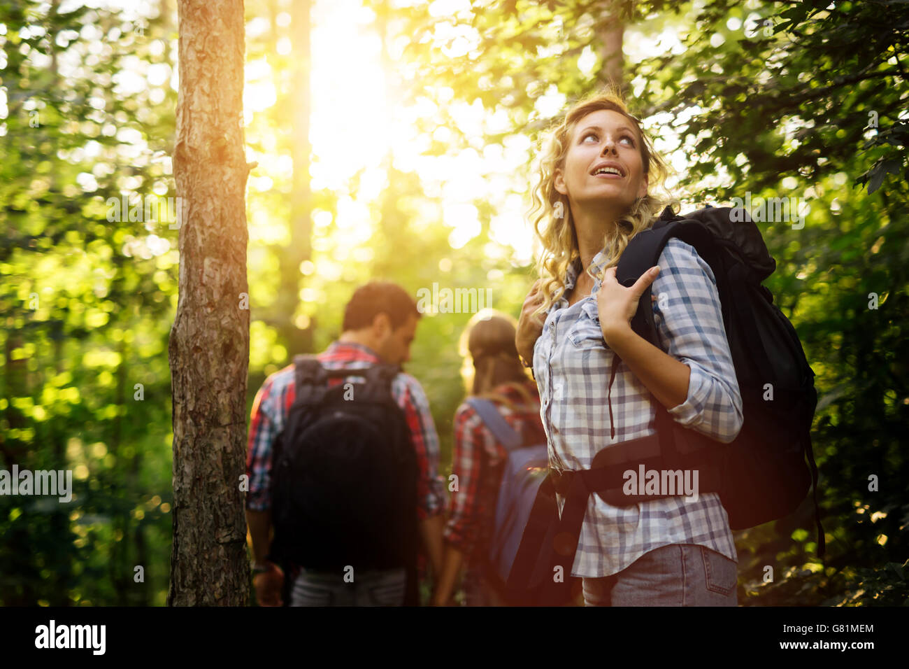 Group of people trekking in forest Stock Photo - Alamy