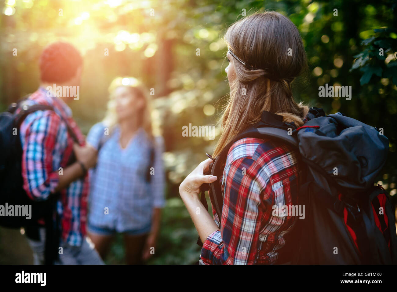 Group of people trekking in forest Stock Photo - Alamy