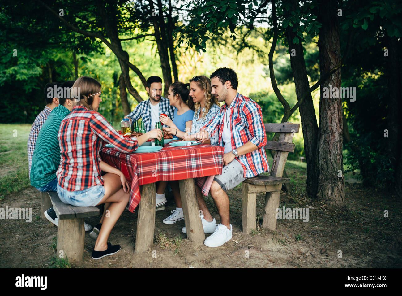 Friends eating outdoors and having fun after barbecuing Stock Photo - Alamy
