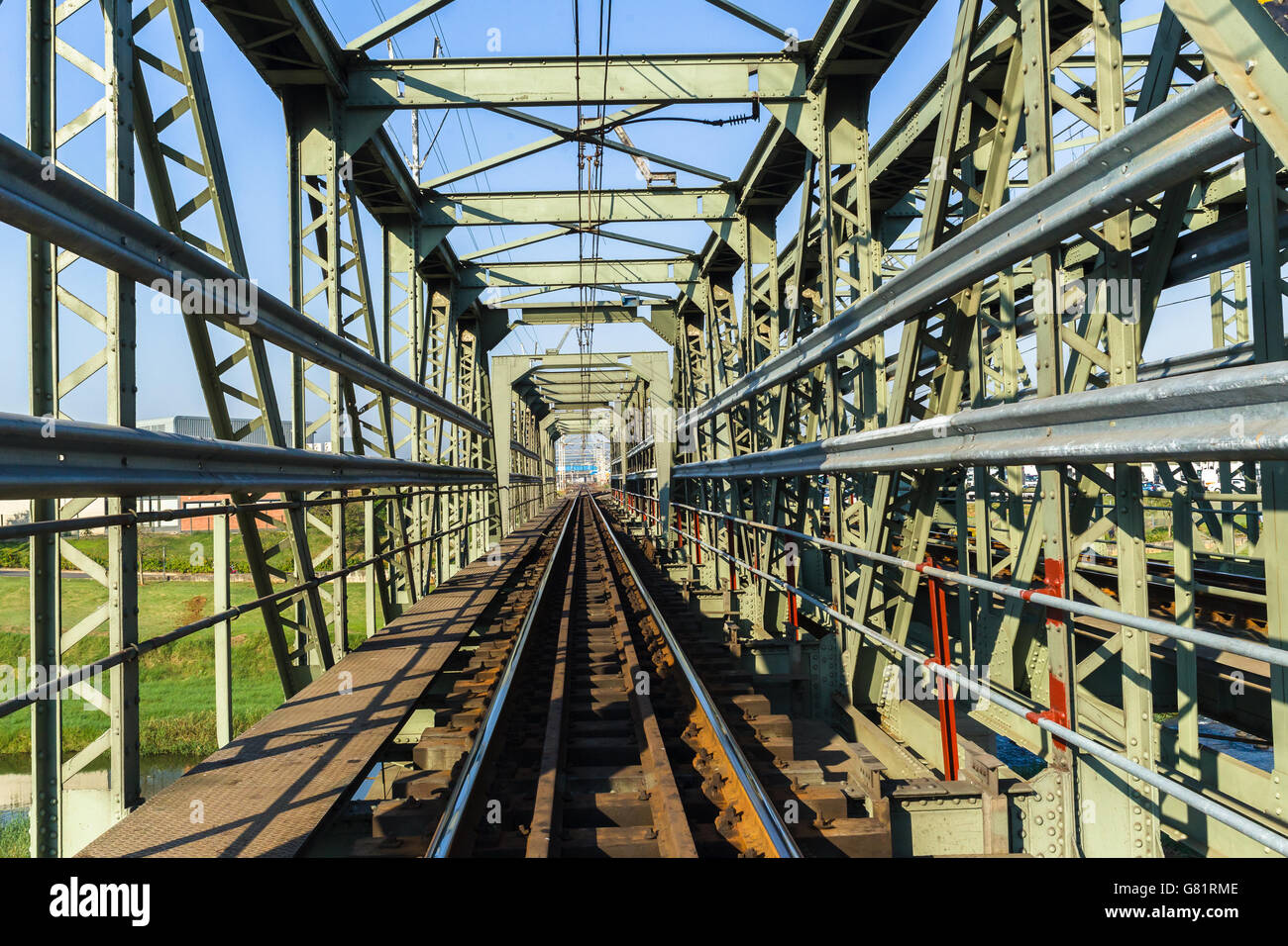 Railway train tracks steel bridge structure at river crossing closeup ...