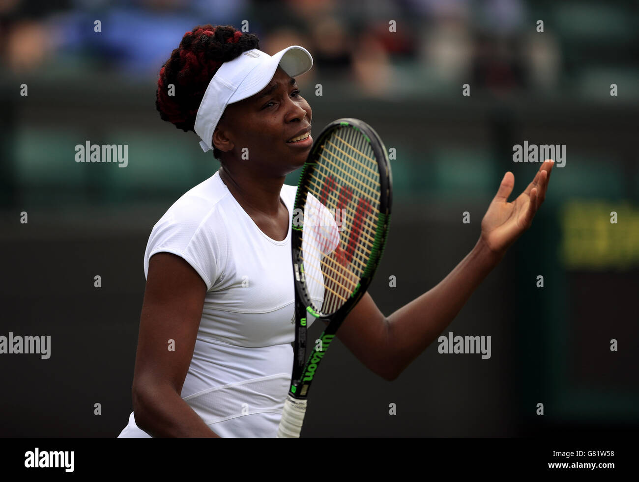 Venus Williams reacts during her match against Donna Vekic on day One ...