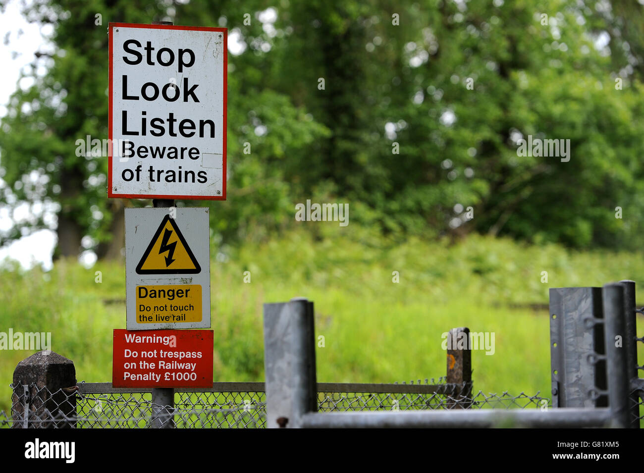 General view of a Stop, Look, Listen sign warning members of the public ...