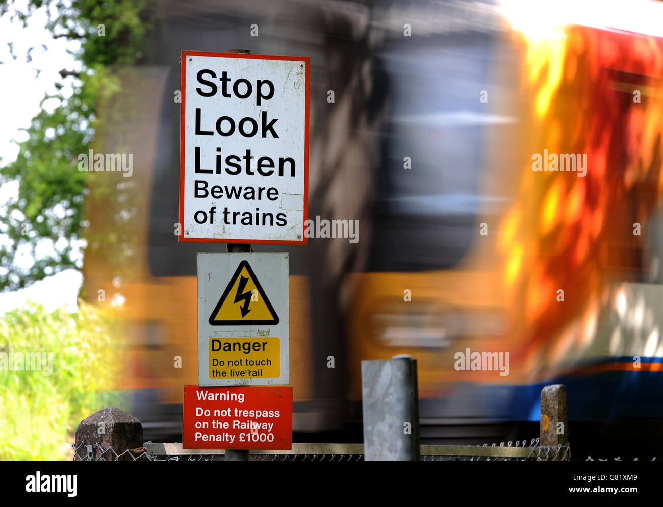 Listen sign warning members public oncoming trains hi-res stock ...