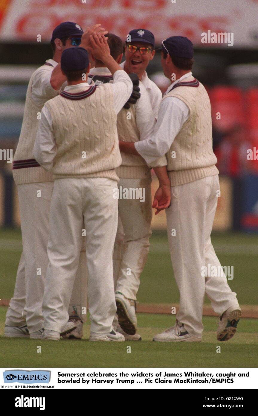 Somerset celebrates the wickets of James Whitaker, caught and bowled by ...
