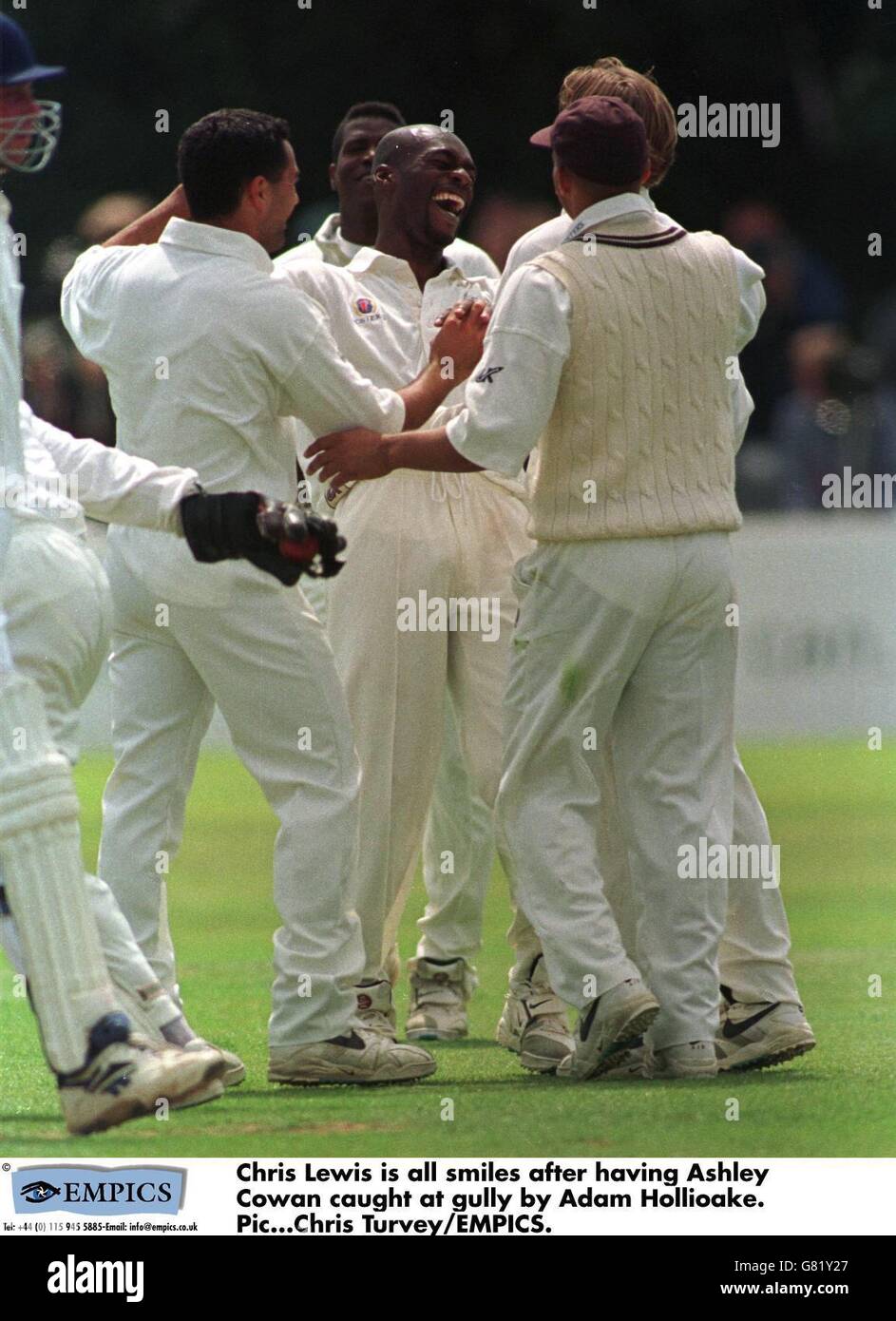 Chris Lewis is all smiles after having Ashley Cowan caught at gully by ...