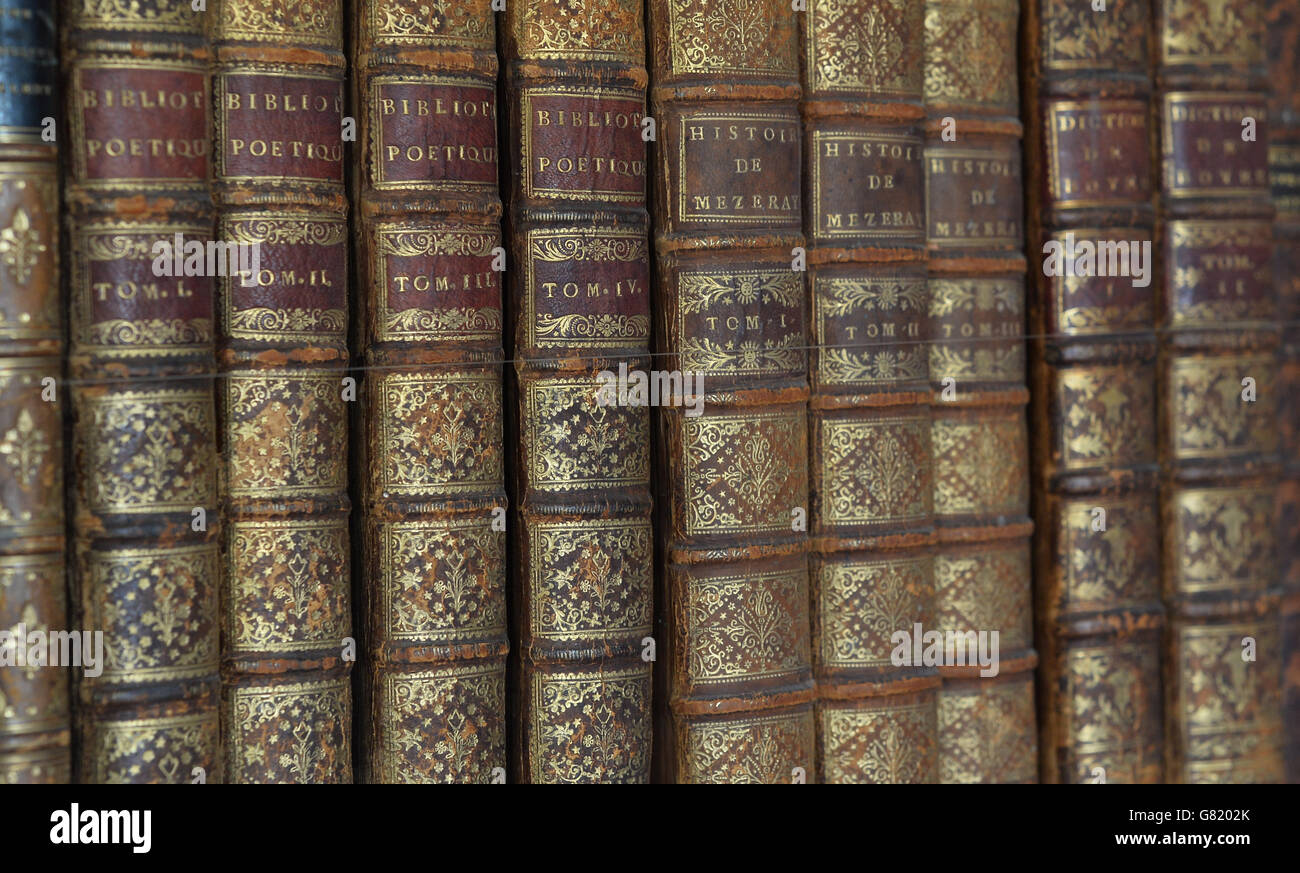 Books on a book shelf at Althorp House, in Northamptonshire. The ...