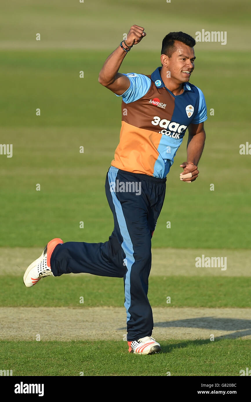 Derbyshire Falcons' Shiv Thakor celebrates taking the wicket of ...