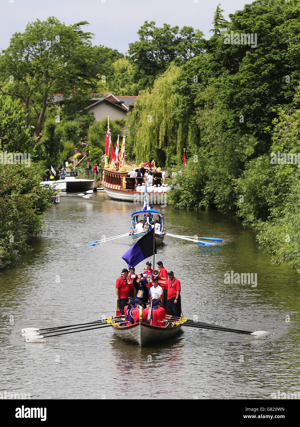 The Royal Barge Gloriana on the River Thames passes through Old Windsor ...
