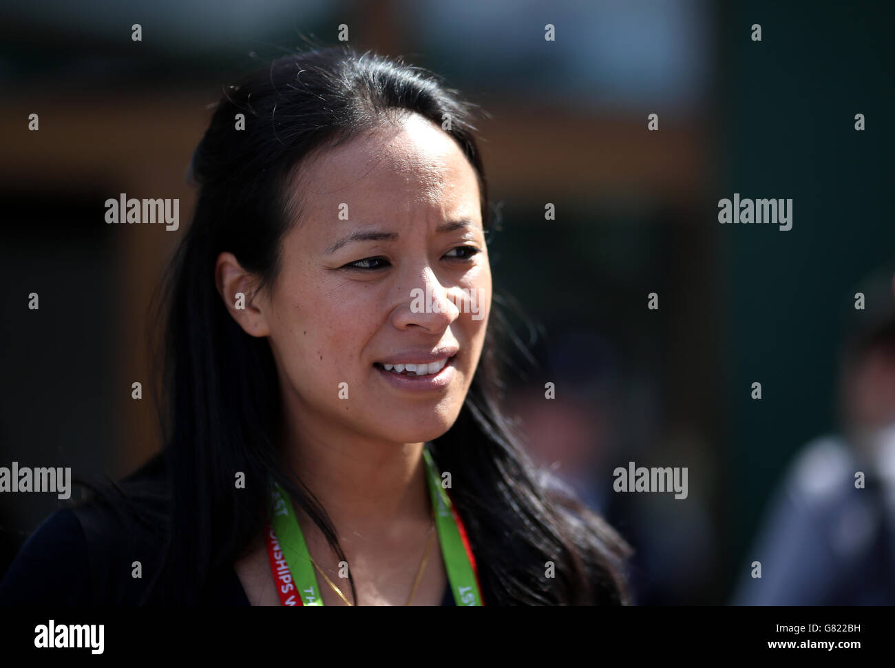 Anne Keothavong working for Wimbledon TV on day One of the Wimbledon ...