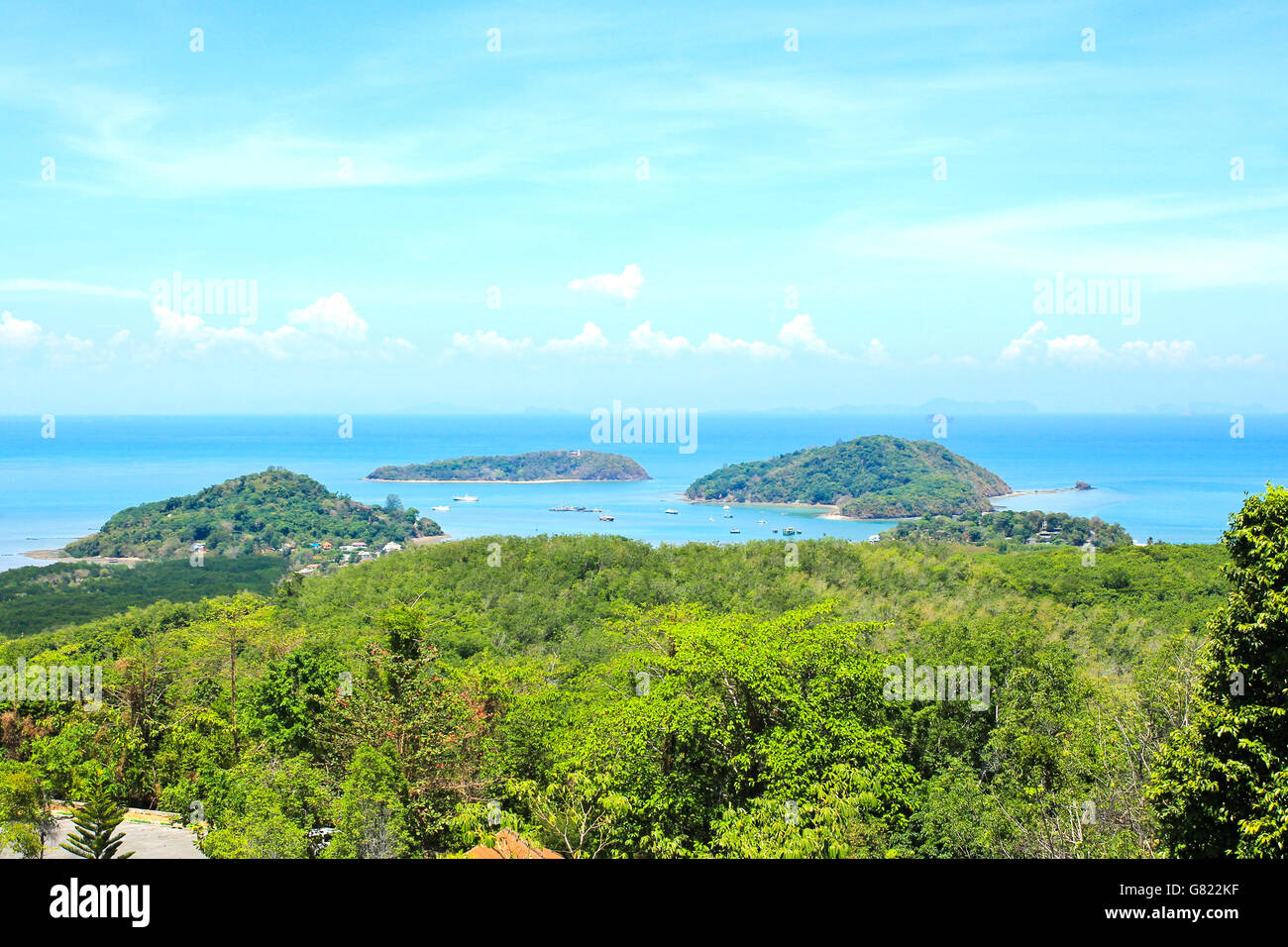 High angle view sea sky and seaside tourist town of Ao Chalong bay from ...