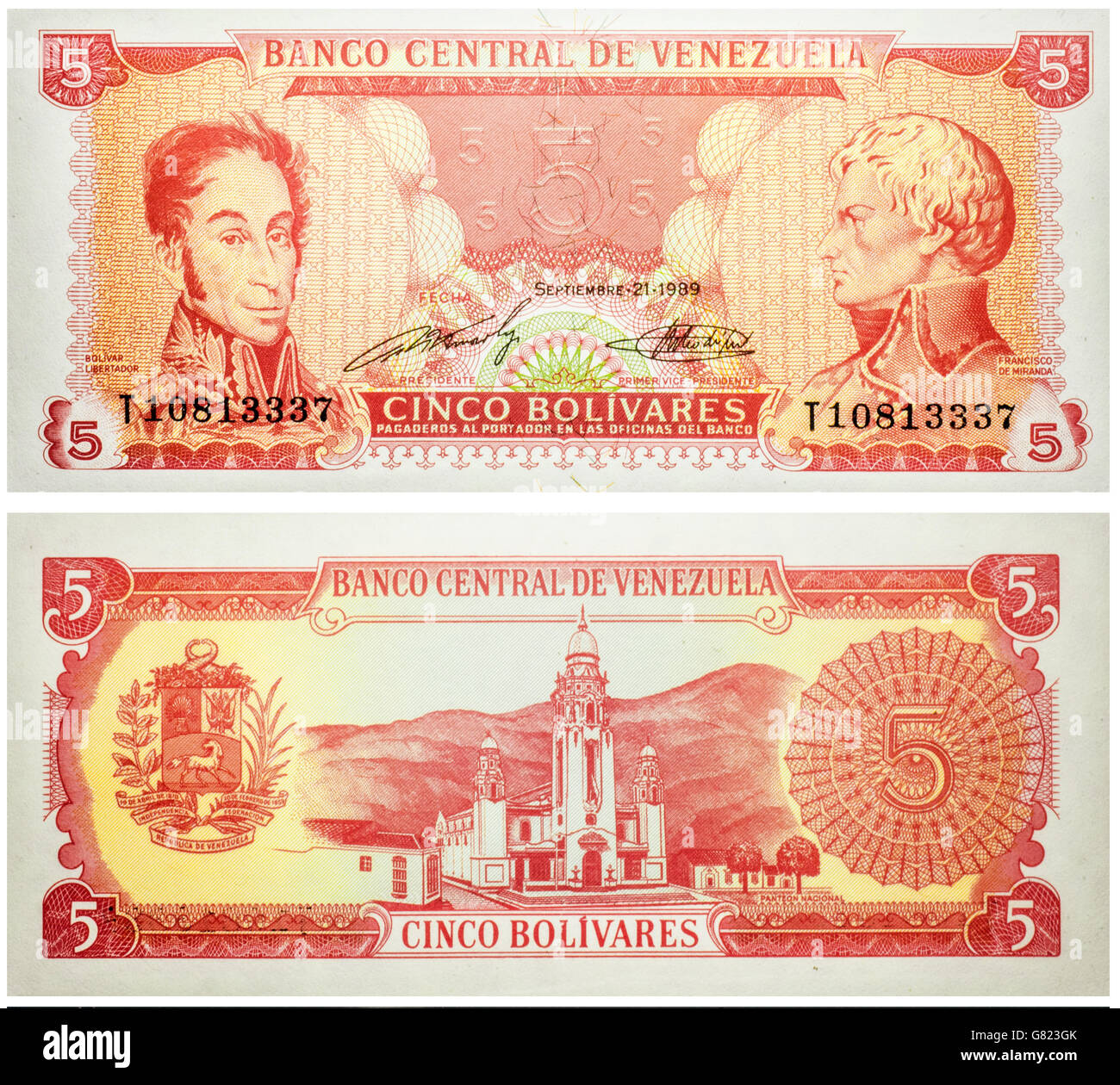 Banknote 5 Bolivares Venezuela isolated on white emitted on 1989. On ...