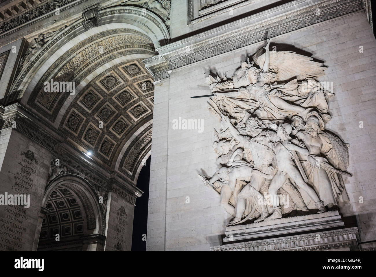 Low angle view of sculptures on Arc de Triomphe Stock Photo - Alamy