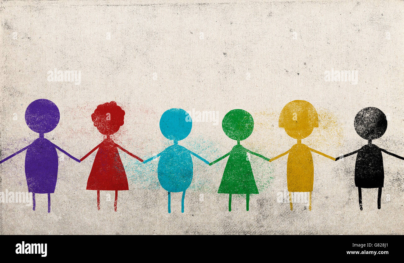 Multi colored people standing side by side with holding hands Stock ...