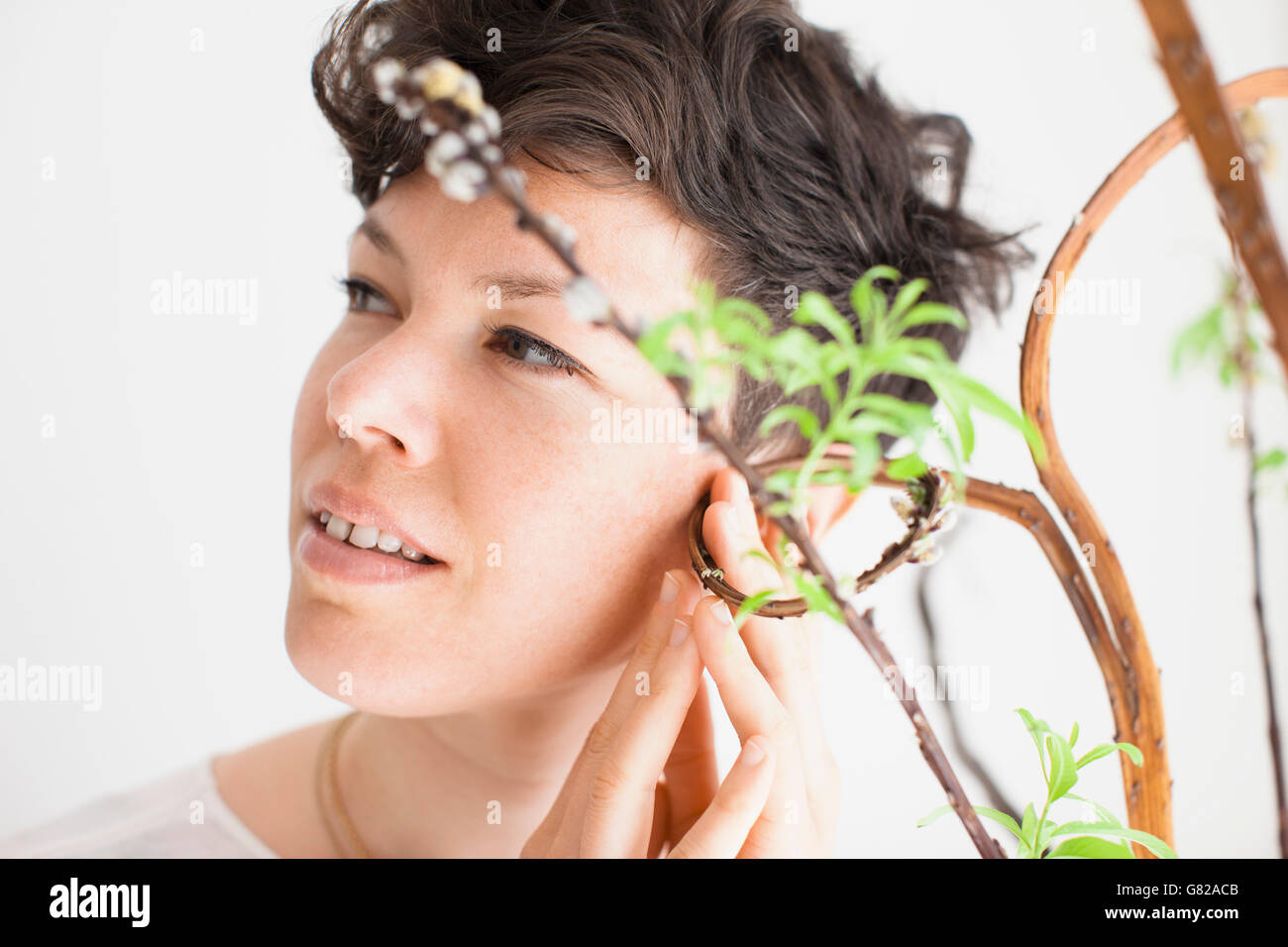 Mid adult woman feeling plant against white background Stock Photo - Alamy
