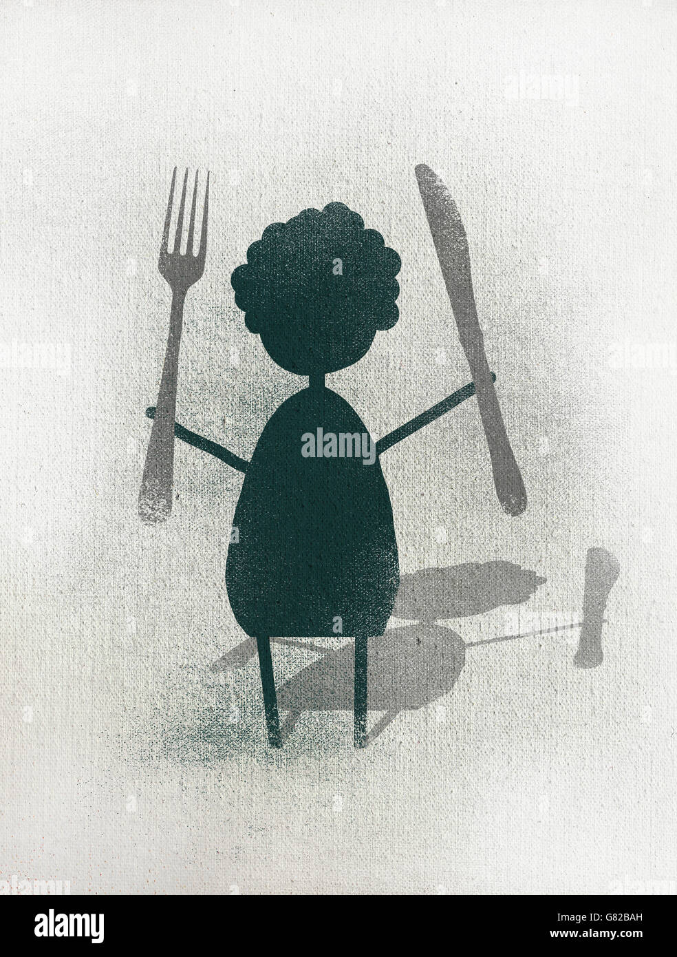 Illustration of woman holding fork and knife while standing against ...