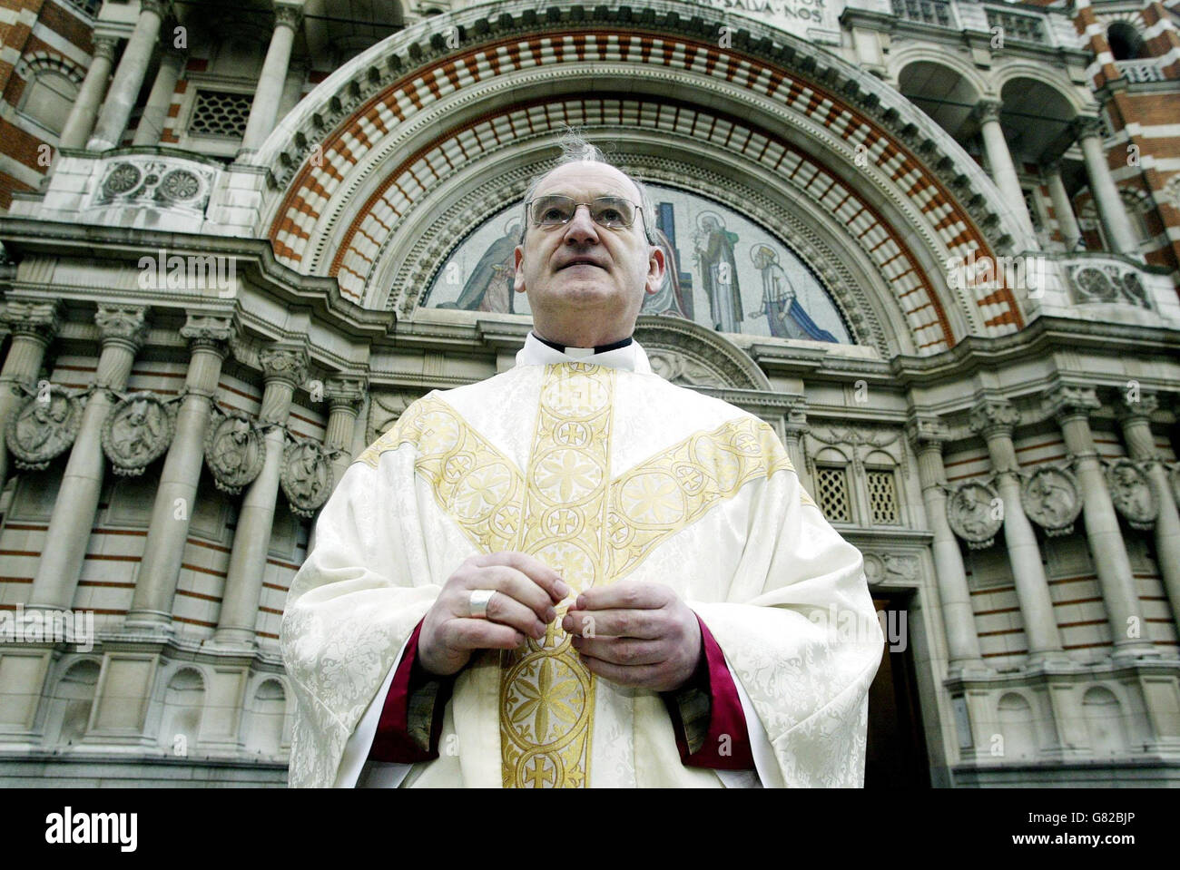 Bishop George Stack outside Westminster Cathedral in central London ...
