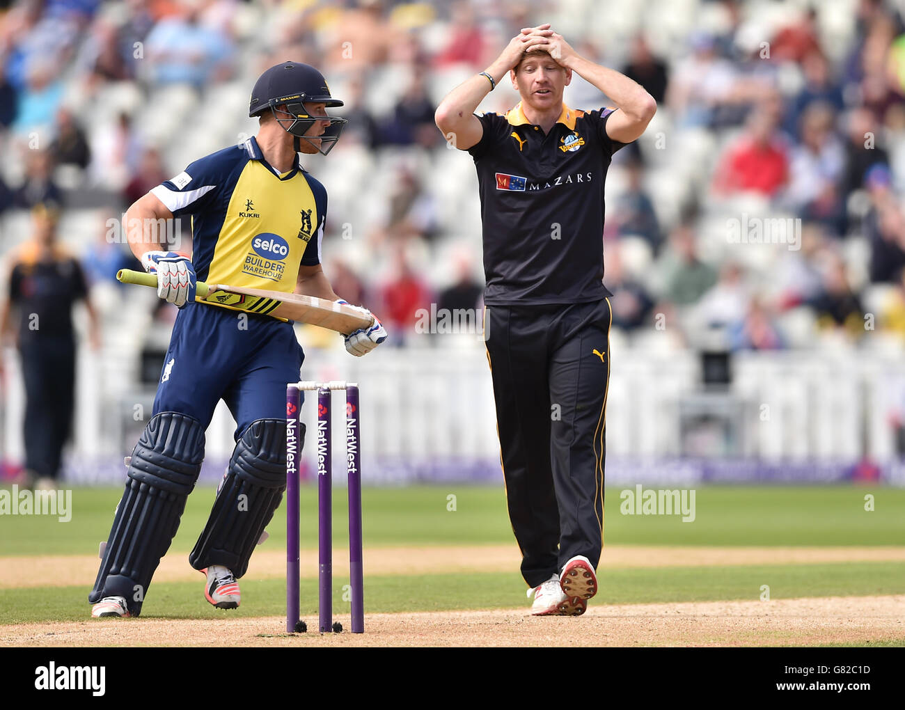 Yorkshire Vikings' Richard Pyrah reacts after bowling during the ...