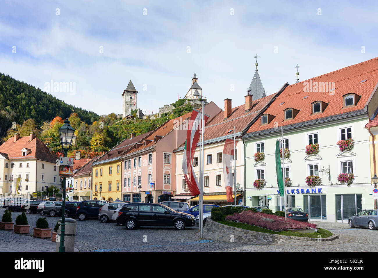 View from the main square to the ruins of Petersberg Castle, Friesach ...