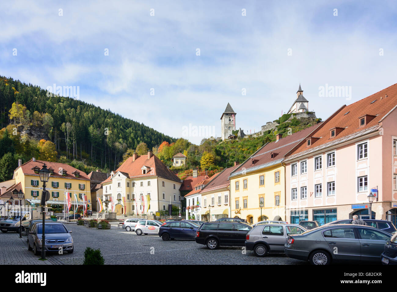 View from the main square to the ruins of Petersberg Castle, Friesach ...
