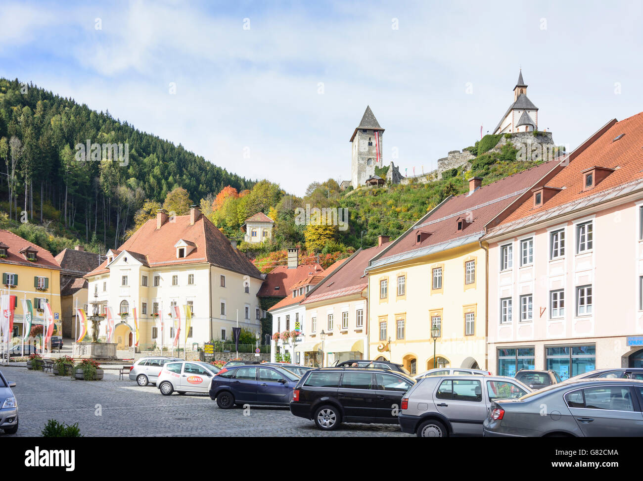 View from the main square to the ruins of Petersberg Castle, Friesach ...