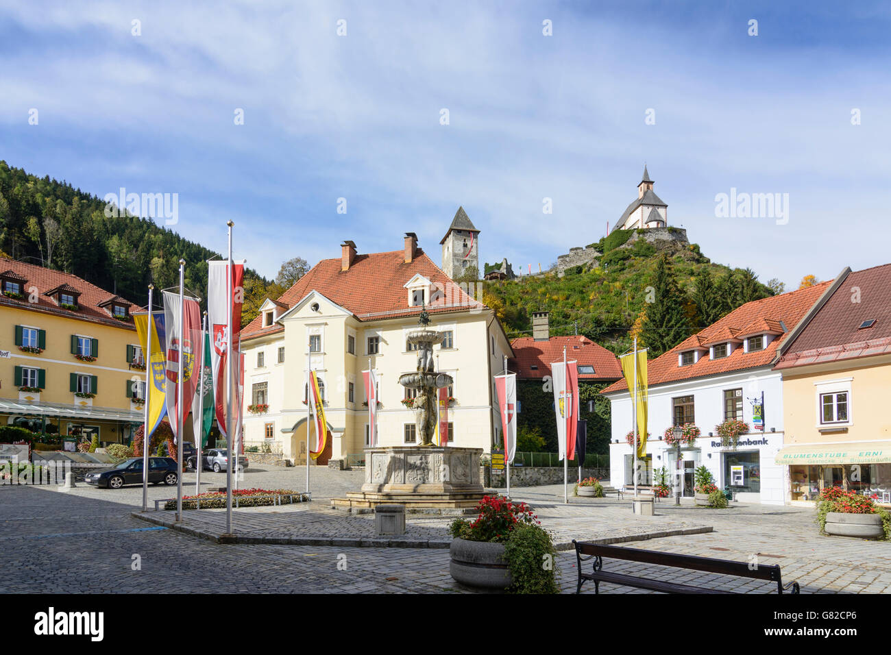 View from the main square to the ruins of Petersberg Castle, Friesach ...