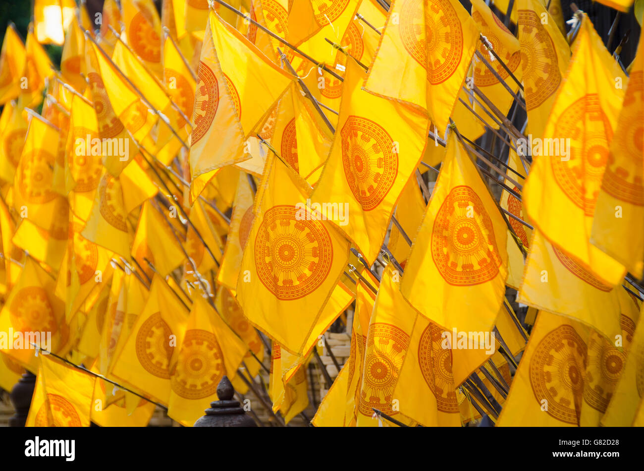 Full frame shot of yellow prayer flags at temple Stock Photo - Alamy