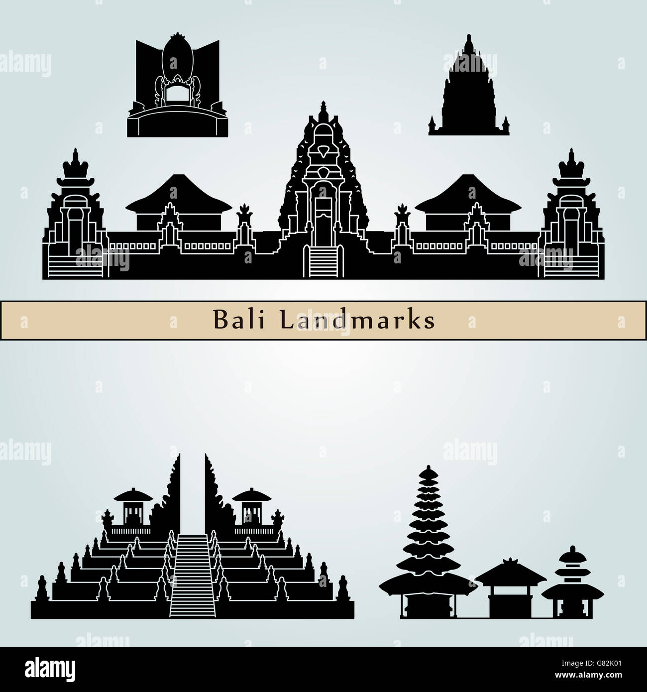 Bali landmarks and monuments isolated on blue background in editable ...
