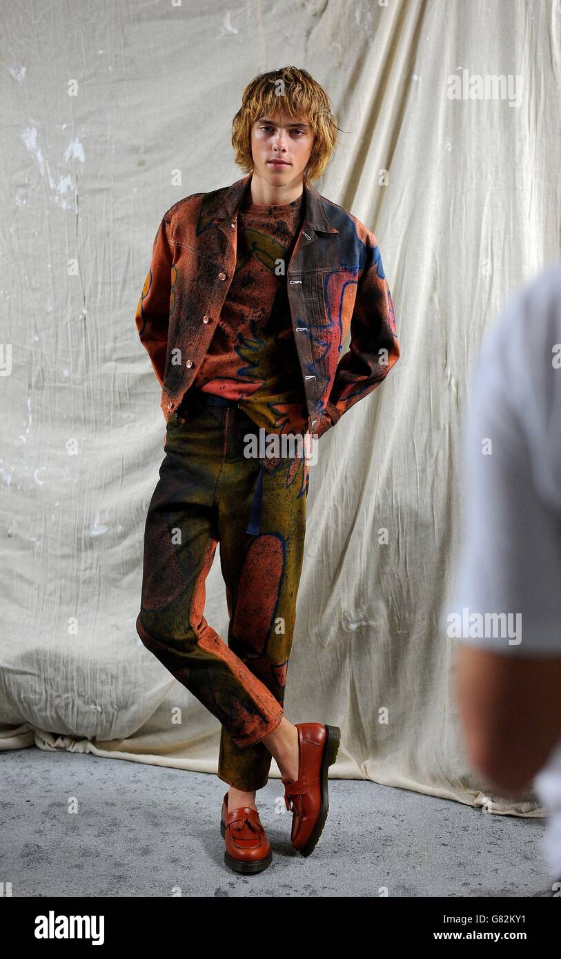 A model at the Alex Mullins collection show during the British Fashion ...