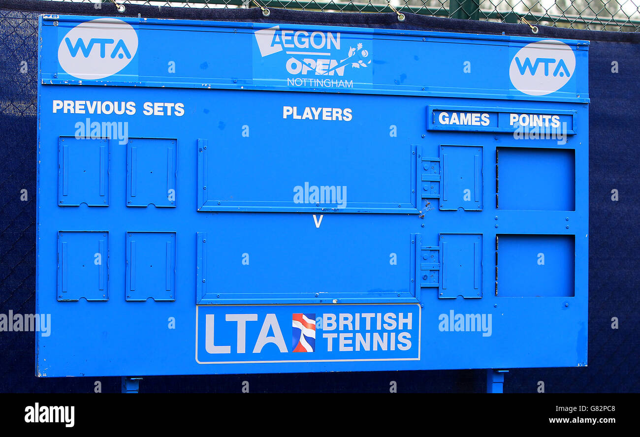 A general view of a manual scoreboard on one of the outer courts Stock ...