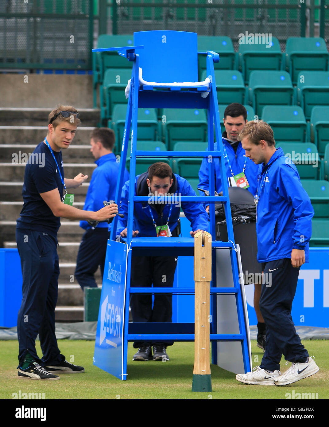 Ground staff make sure the umpires chair is properly lined up Stock ...
