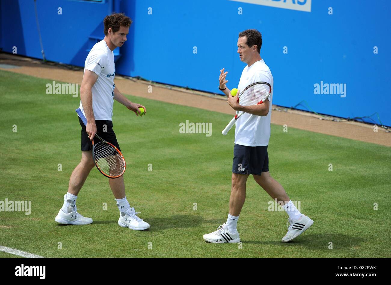 Great Britain's Andy Murray (left) with coach Jonas Bjorkman as he ...